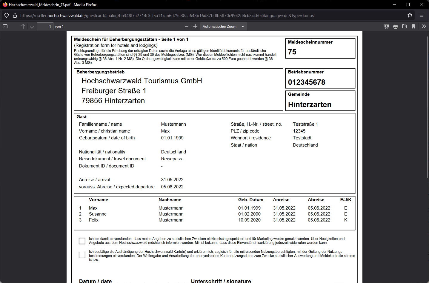 Den ersten Meldeschein erstellen – Hochschwarzwald